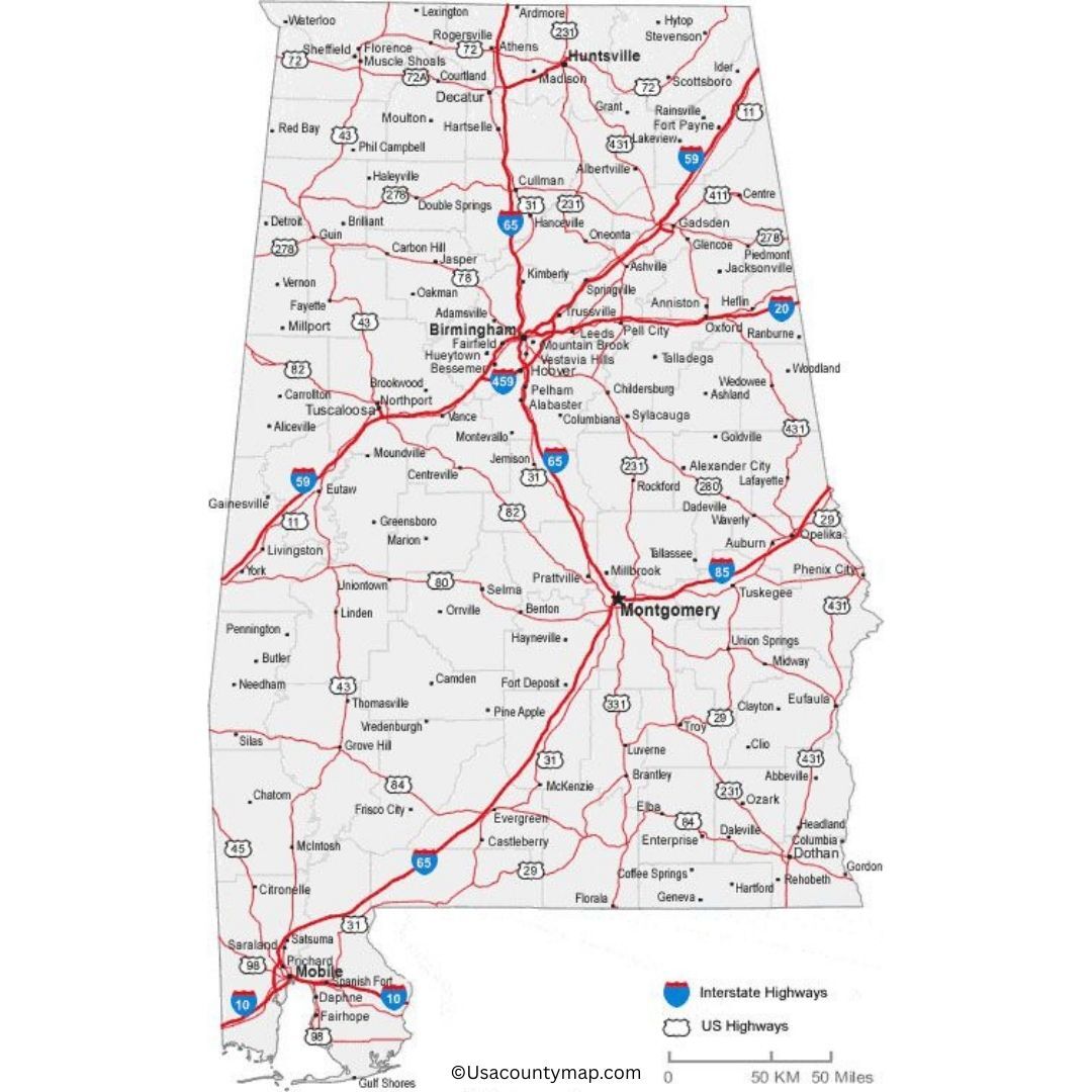 Labeled Alabama Map – Cities and Geography